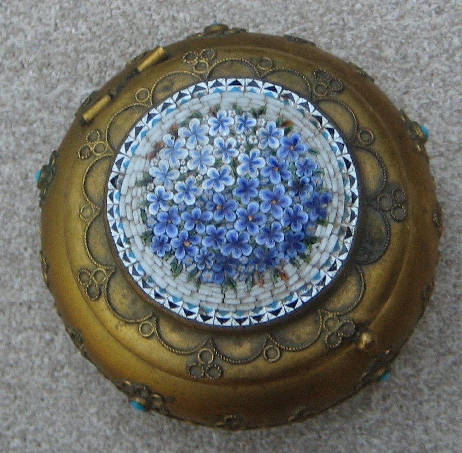 Antique Micro Mosaic Patch pill Trinket Round Box Fabulous