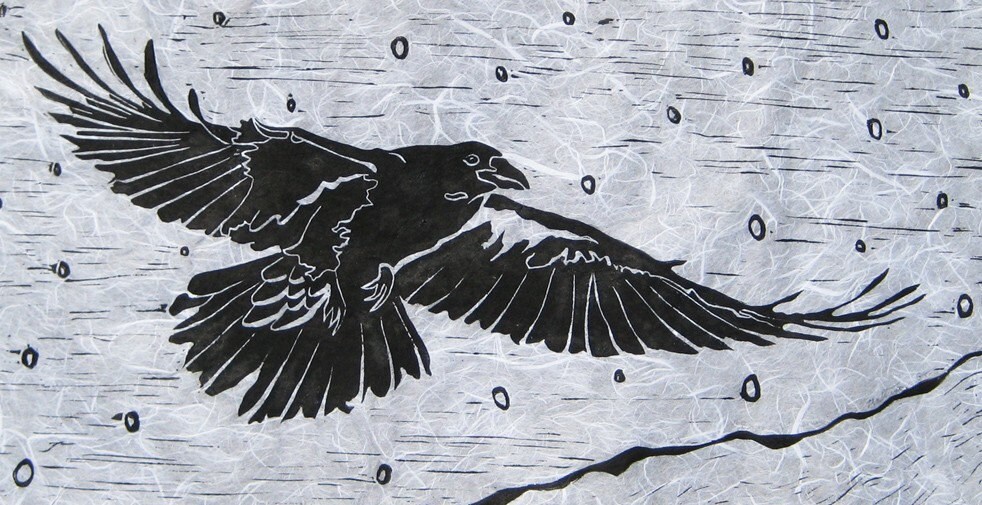 Raven in Snow Original Linocut Print