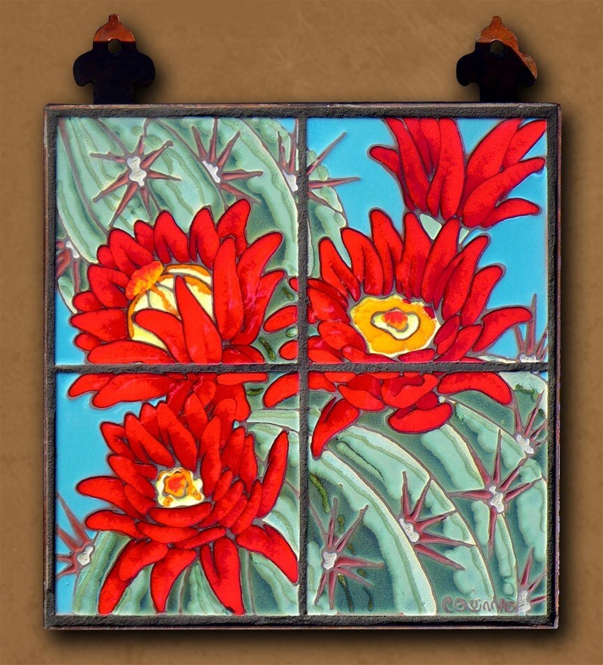 Hand Glazed Tile Mural Hedgehog Cactus