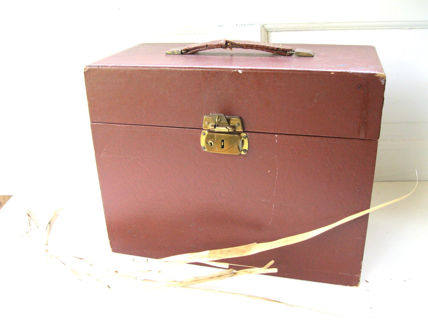 vintage file box.midCentury.leatherette case.faux bois.desk.office ...