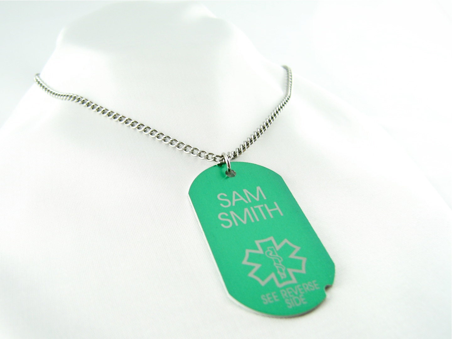 Aluminum Medical Alert ID Dog Tag Green Custom ENGRAVED