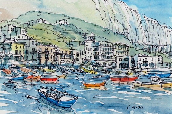 Capri Port Italy art print from an original watercolor