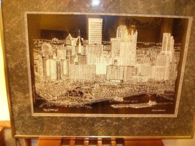 CITY OF PITTSBURGH ART BY NEVIN ROBINSON SIGNED AND FRAMED