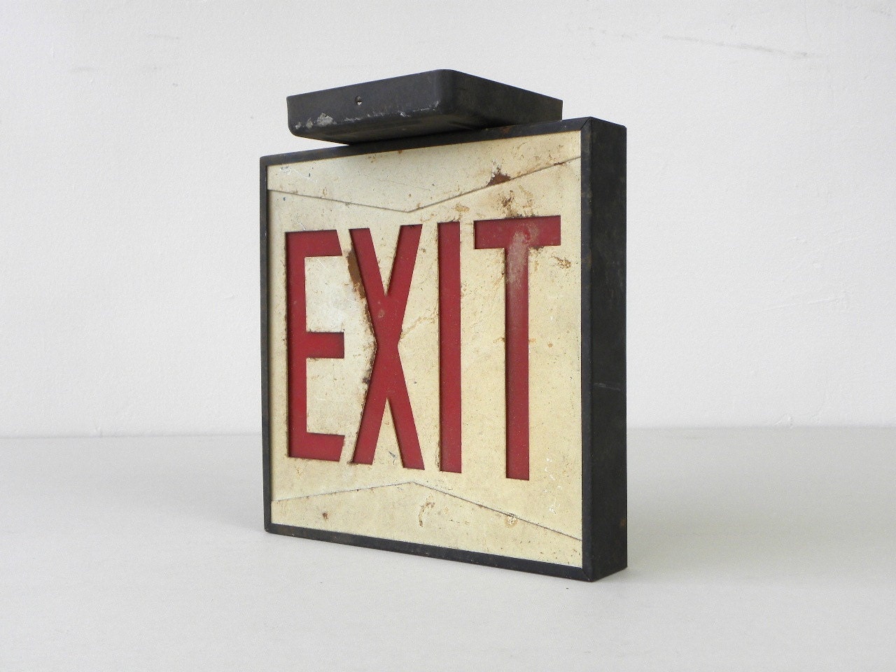 Vintage Salvaged EXIT Sign Lighted Enameled Metal by CathodeBlue