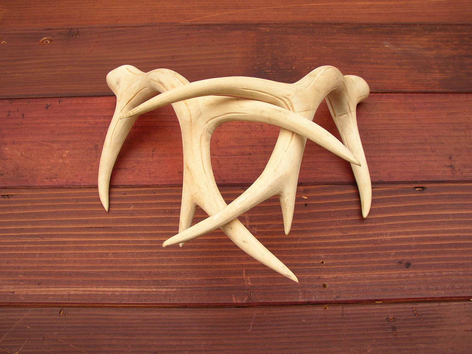 1 Pair Of Carved Wooden Deer Antlers Natural Unfinished Wood