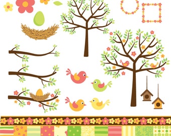 Owl Love Birds in Blue and Pink Digital Clip Art