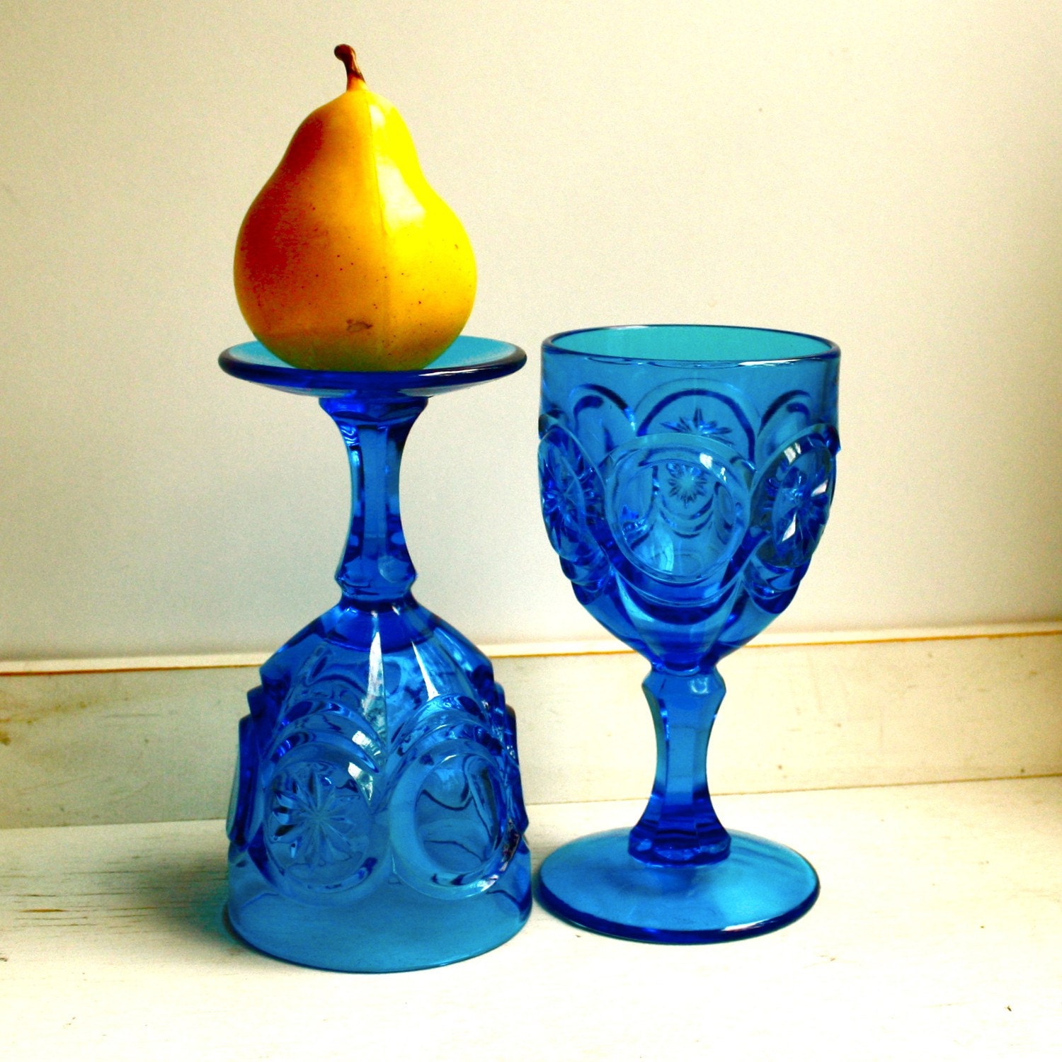 Vintage Glass Goblets 1960s Red Cliff Blue Set Of Two