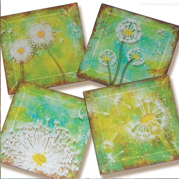 Dandelion Coasters Geoforms Handmade Decoupage Glass
