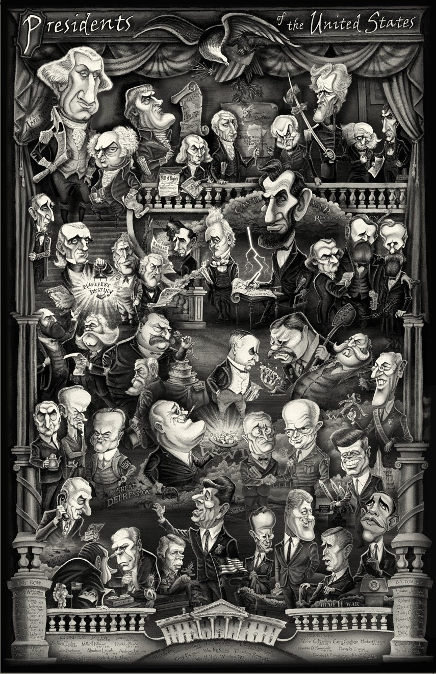 U.S. Presidents poster caricature 25 x 38.5 black and by paulgaunt