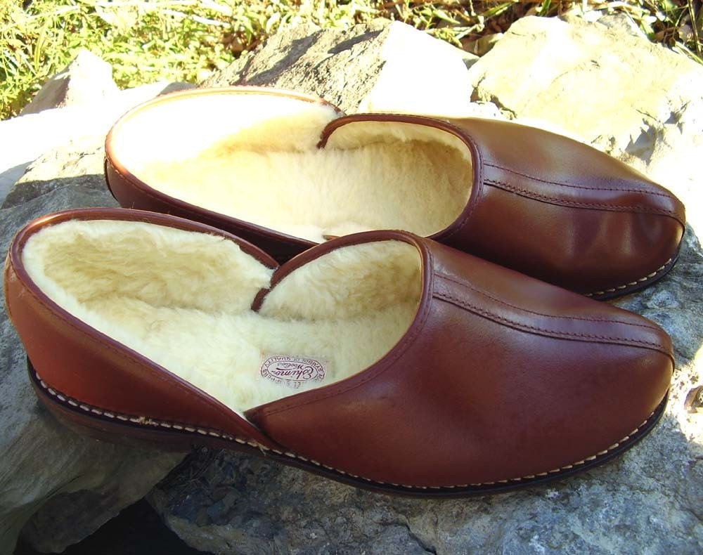 1940s Vintage Mens lambs Wool Leather Slippers Eskimo by MissUFO