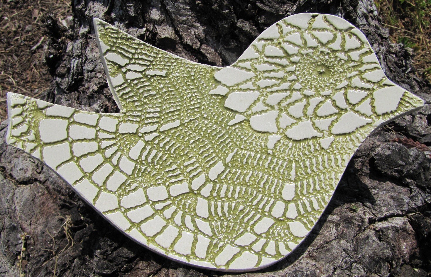 ceramic bird spoon rest or dish olive green by DLpottery on Etsy