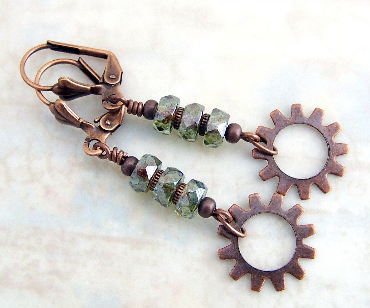 Steampunk Gear Earrings in Green copper gears and faceted