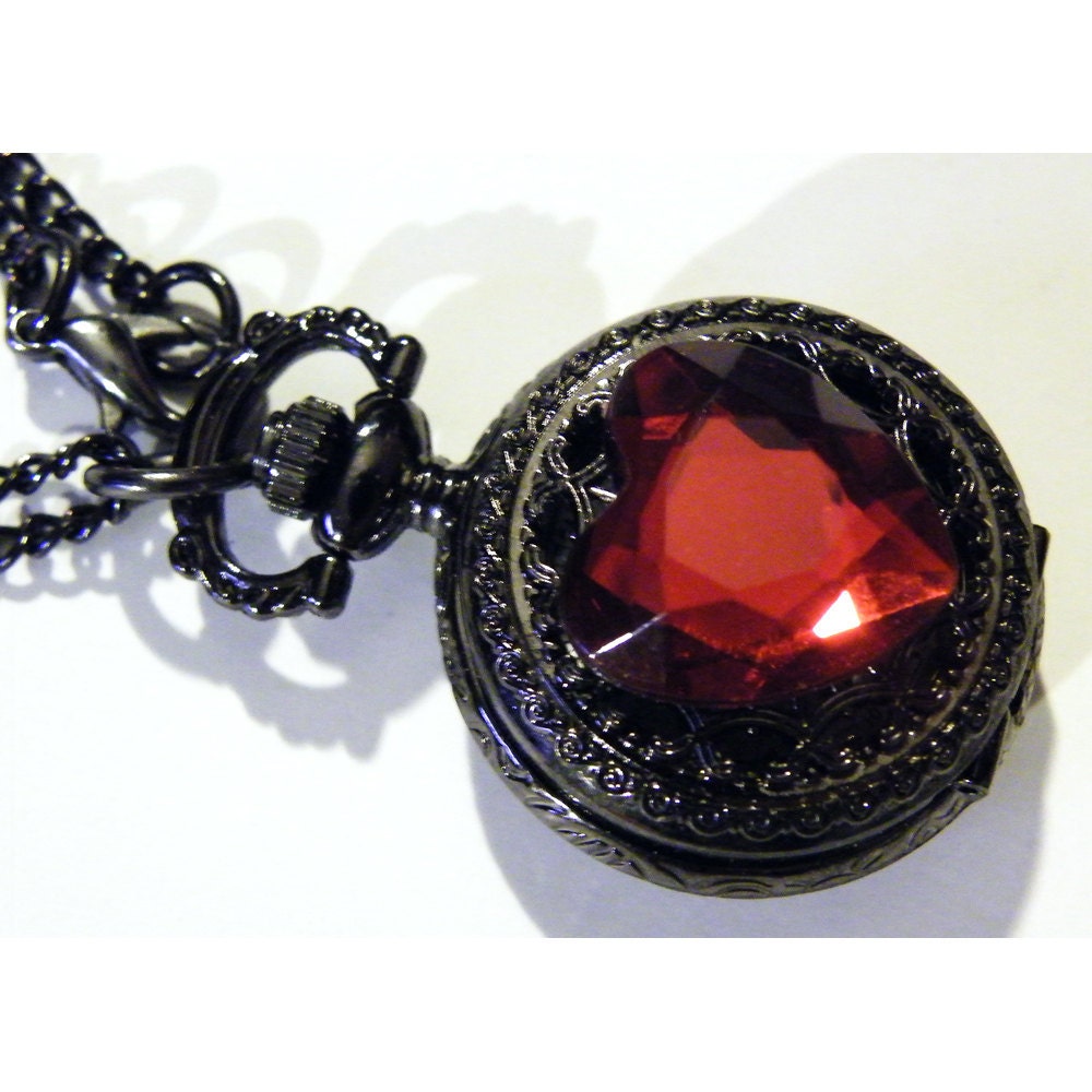 Gothic Black and Red Heart Pocket Watch Necklace by tempusfugit