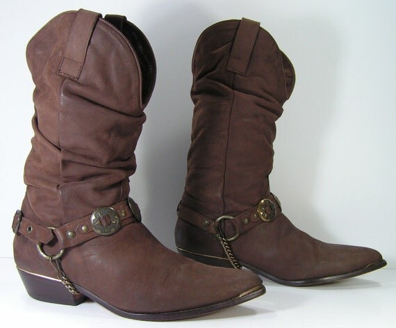 harness cowboy boots mens 10.5 D brown slouch western vintage
