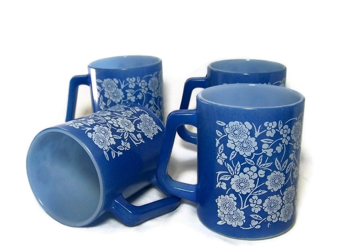 Blue and White Coffee Cups Vintage Federal Glass Retro Floral