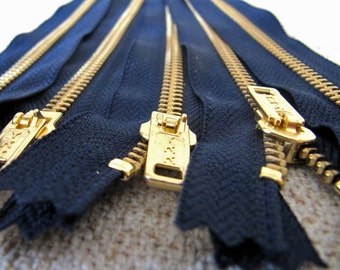 8inch Navy Blue Metal Zipper Gold Teeth by SilvermintSupplies