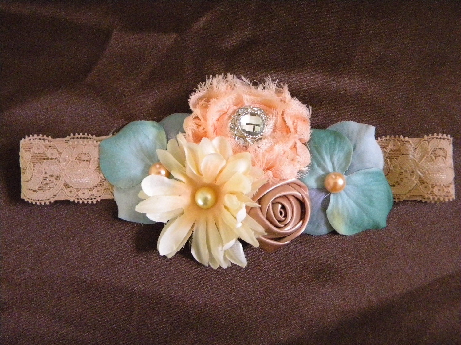 Vintage peach shabby chiffon headband cream green flowers