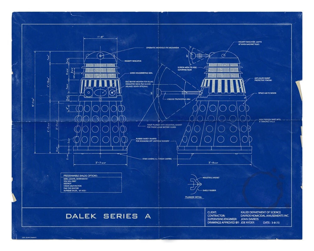 Dr. Who Dalek Humorous 16x20 Blueprint Poster. Limited
