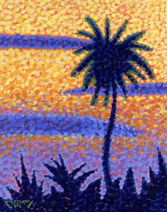 Pointillist Tropical Palm Tree Sunset Original 8x10 by EdMcCarthy