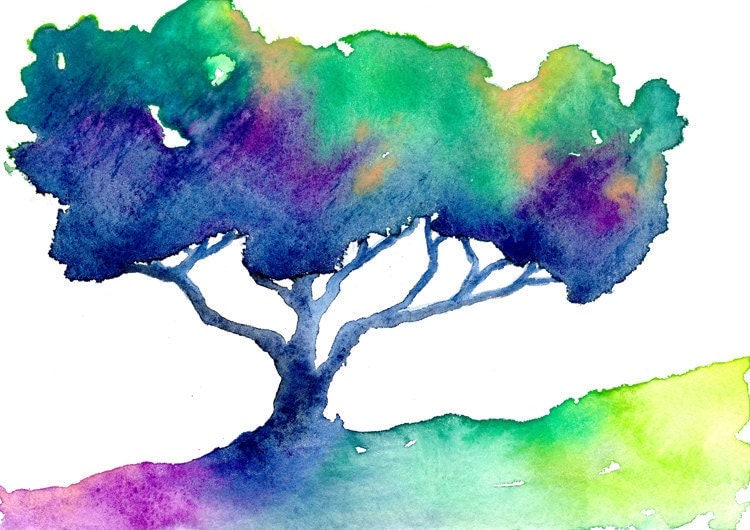 Watercolor Painting Rainbow Hue Tree Modern Contemporary