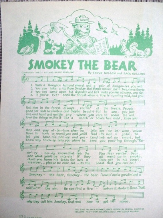 Smokey The Bear Sheet Music and Conservation Pledge 1952
