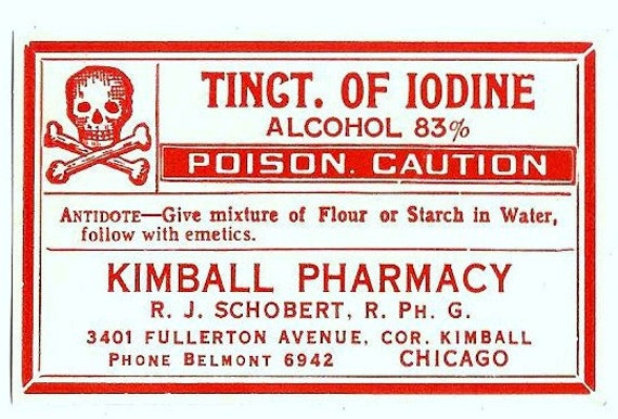 Vintage iodine Poison Label FREE Shipping