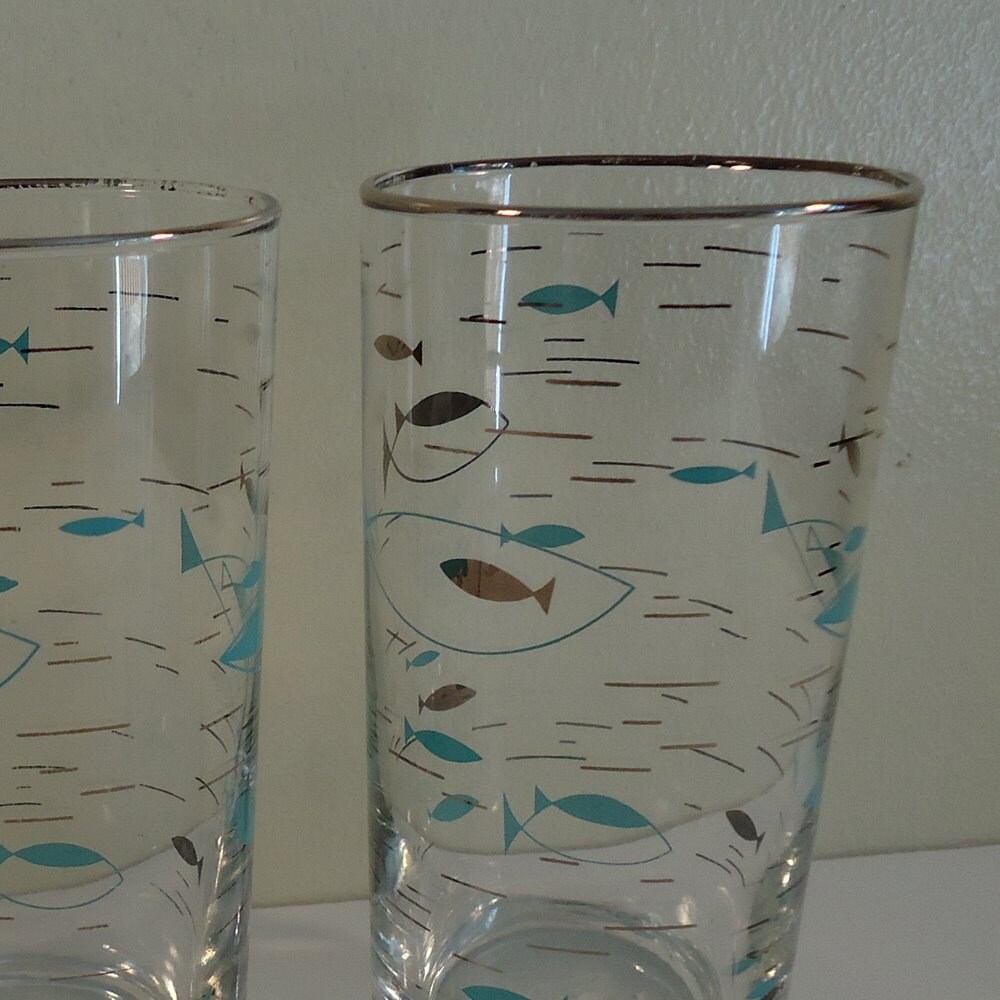 3 Libbey Mediterranean Atomic Fish Glass Tumblers 1950s