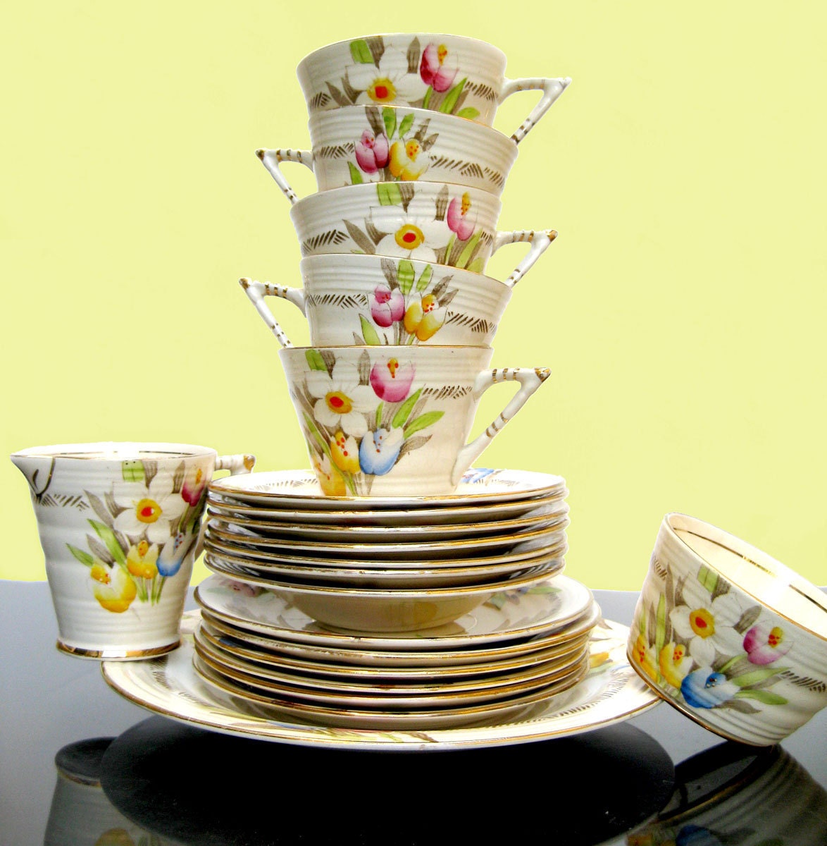 Art Deco Vintage China Teacup Trio – Spring Crocus Tulip Tea Cups ...