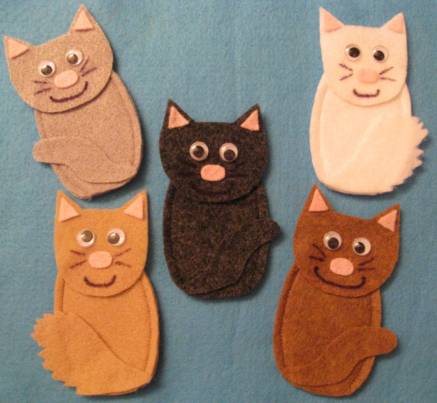 5 Cat Finger Puppets with rhyme handcrafted from felt