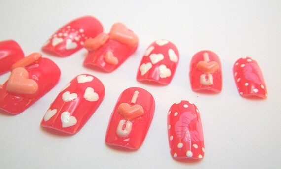 Items similar to 3D Acrylic Nails: Valentines Red Hearts Kawaii on Etsy