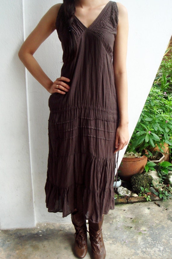 Maxi V Neck Dark Brown Cotton Dress brown dress by SweetCakeCookie