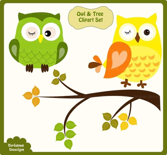 Owl & Tree Digital Clipart Set Personal and Commercial Use