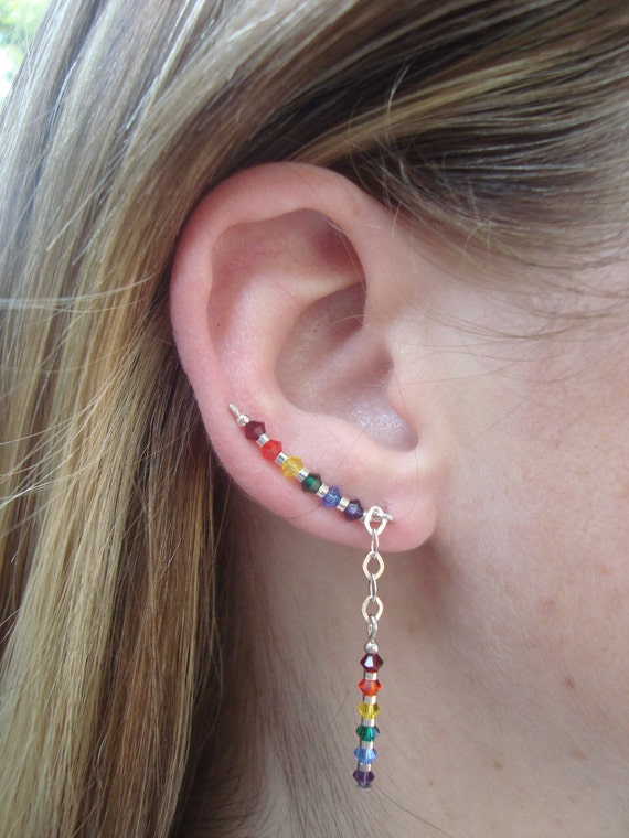 Items similar to Sterling Silver Swarovski Rainbow Dangle Ear Pins on Etsy