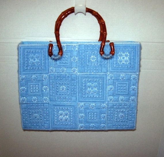 Hand Made Plastic Canvas Purse With Rattan Handles And Liner