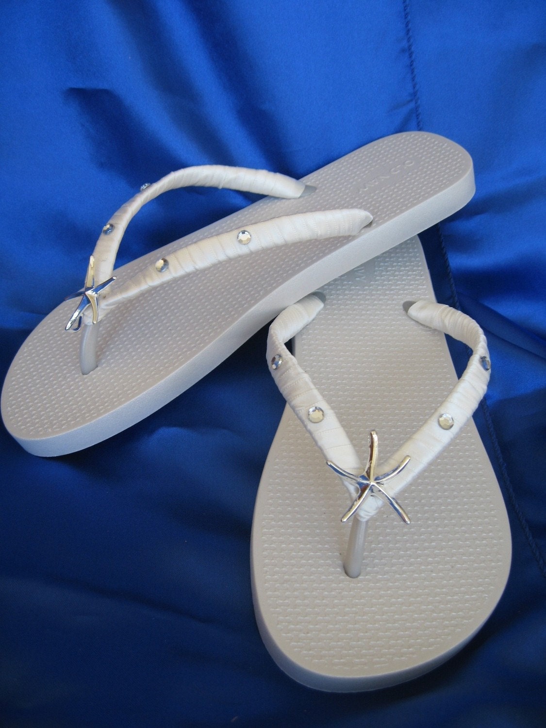 Ivory Flip Flops Starfish and Rhinestones Design Bridal Flip