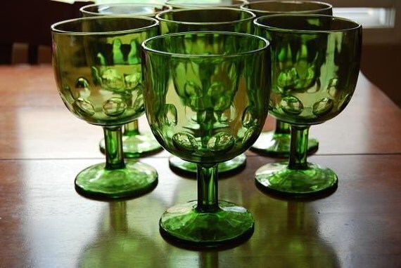Vintage Green Thumbprint Pedestal Goblets