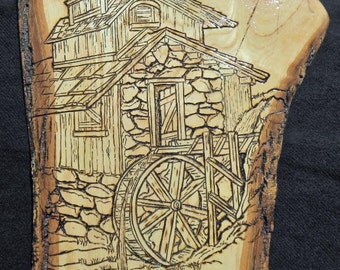 Gristmill Art, Waterwheel Art, Pyrography Wall Art, Pyrography Art ...