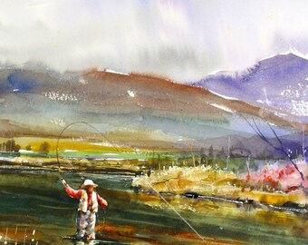 TROUT FISHING Watercolor Print By Dean Crouser