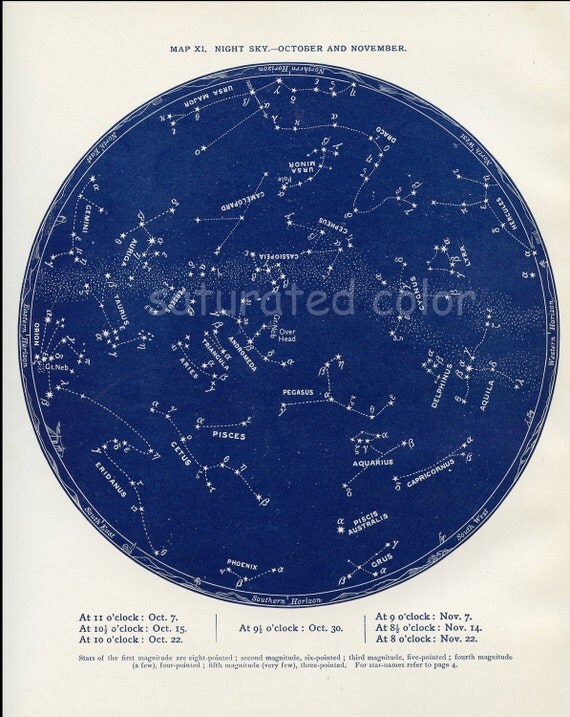 Oct / Nov Night Sky Constellations Star Chart Map Zodiac