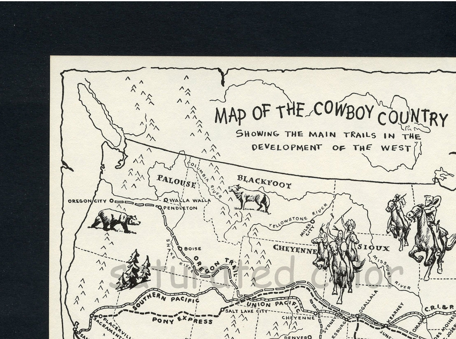 Vintage Cowboy Country Map DIGITAL IMAGE DOWNLOAD 1950s
