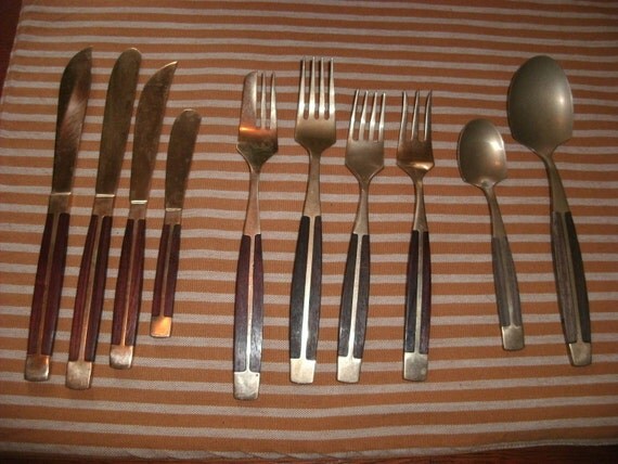 Vintage Bronze And Teak Wood Cutlery Set Made In Thailand