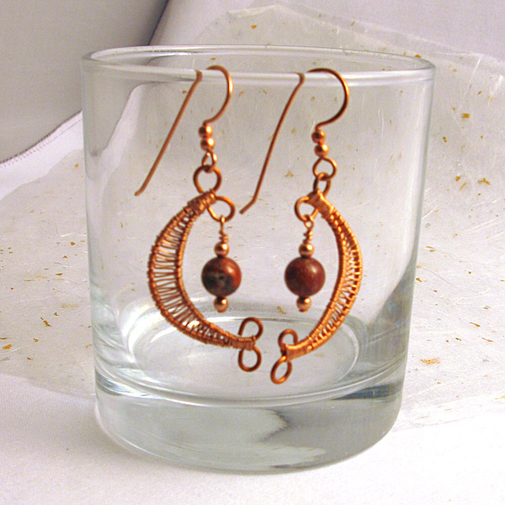 Woven Copper Wire And Gemstone Dangle Earrings