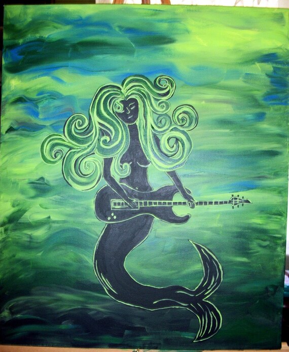 Items similar to ORIGINAL PAINTING Emerald Mermaid with Guitar Acrylic ...
