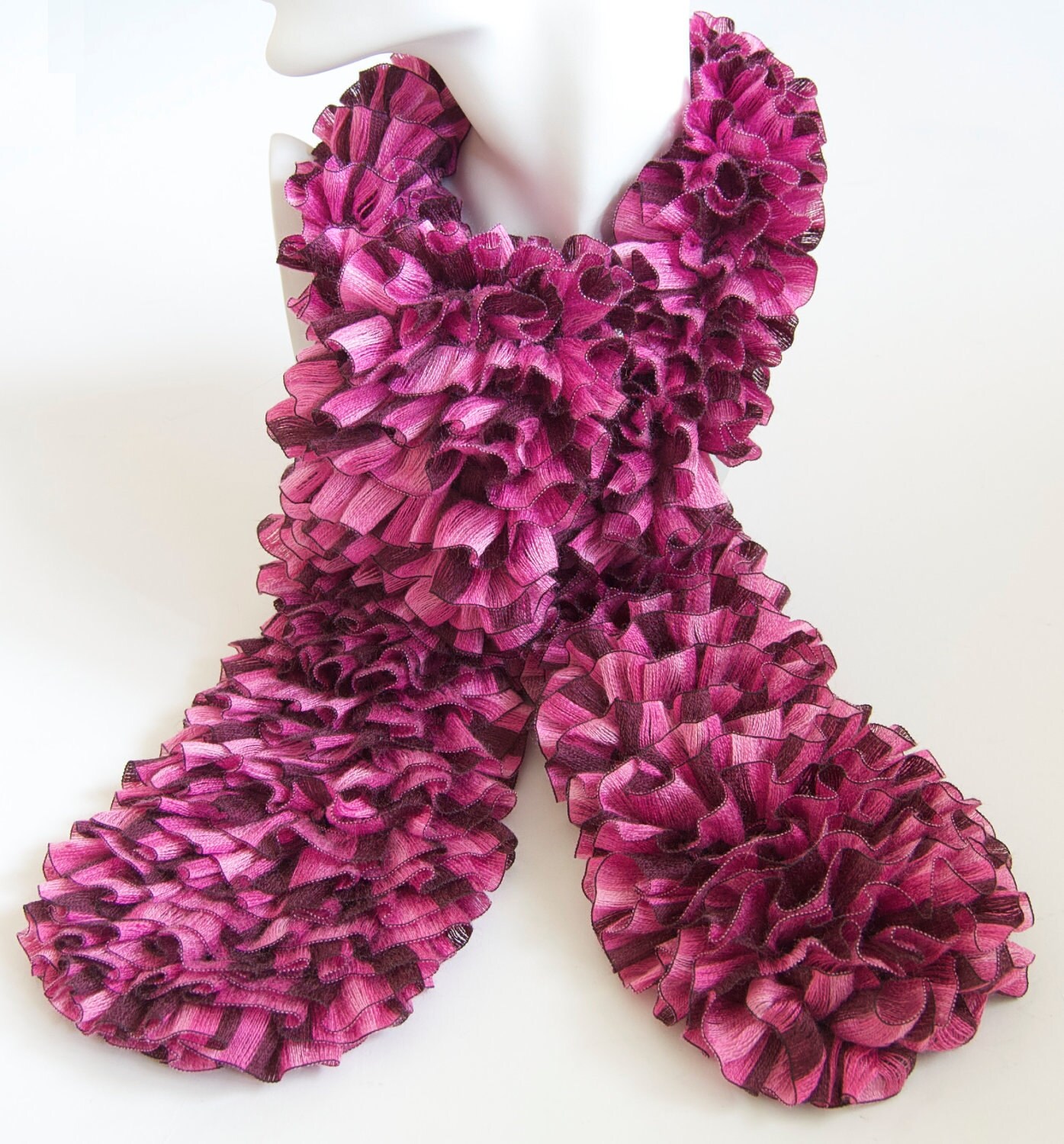 SALE Pink Ribbon Scarf Knitted Purple Ruffle by EmmaDickieDesign