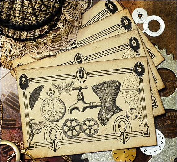 Steampunk Card Post Card Style Set of 4 by VintageDye on Etsy