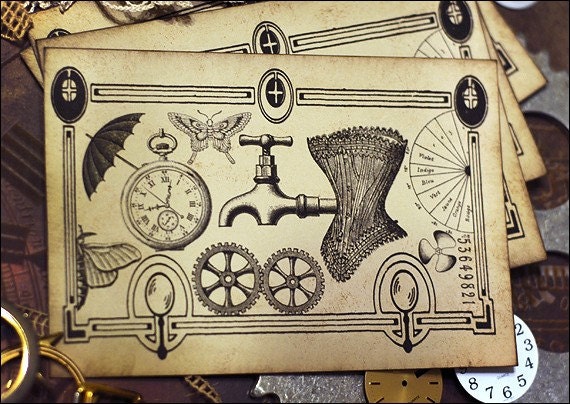 Steampunk Card Post Card Style Set of 4 by VintageDye on Etsy