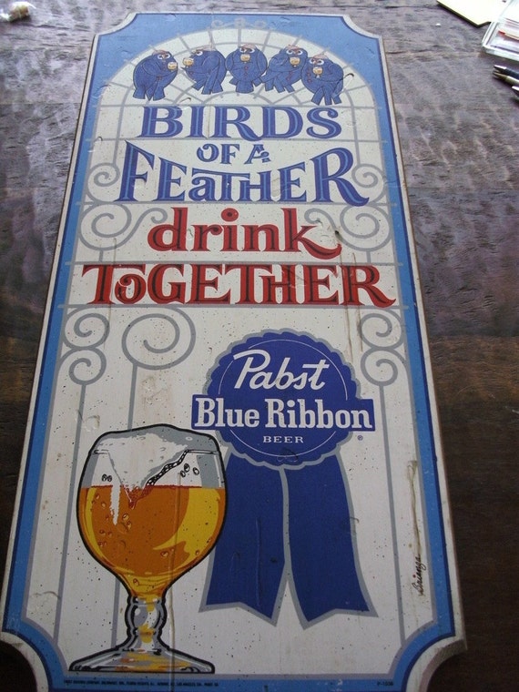 1960's Pabst Blue Ribbon Wood Bar Sign PBR Birds of a