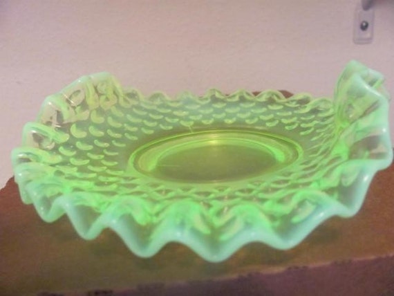 Opalescent Vaseline Glass Hobnail Dish Yellow RESERVED FOR Opalescent Vaseline Glass Hobnail Dish Yellow RESERVED FOR