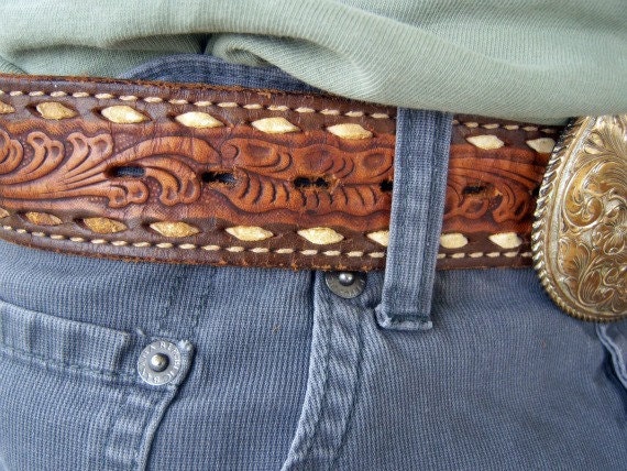 Vintage Hand Tooled Buck Stitched Belt by RockySpringsVintage