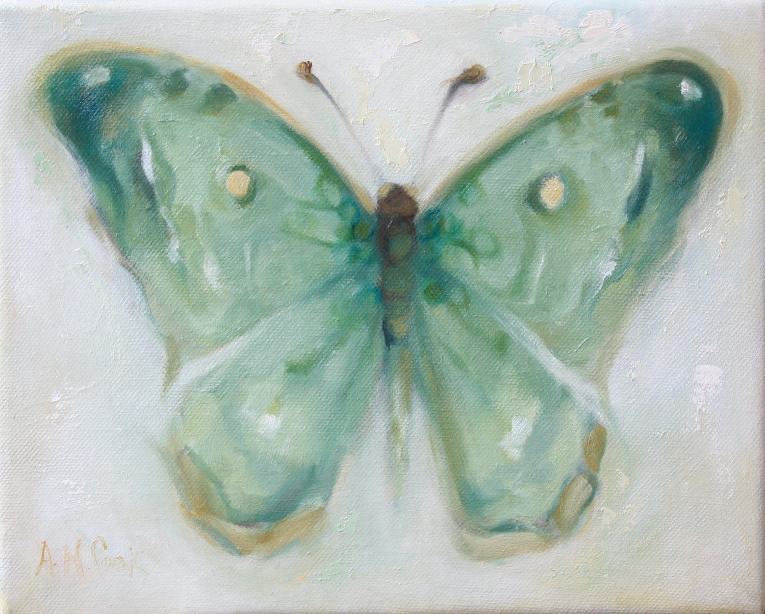 Ethereal Teal Green and Gold Butterfly Painting ORIGINAL oil